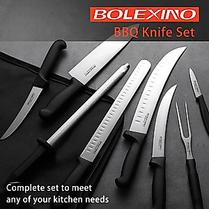BOLEXINO Professional 9 Piece BBQ Knife Set,Knife Roll,Outdoor Cooking Knife Set,Japanese style Premium stainless Steel Chef Knife Set,Ultimate Grilling Set with Carrying Bag