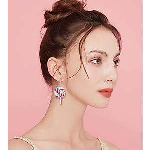 Cute Lollipop Colorful Rainbow Statement Lightweight Halloween Hook Dangle Drop Earrings for Women Teen Girls Little Sensitive Ear Lovely Sweet Candy Sugar Charm Hanging Dangling Hypoallergenic