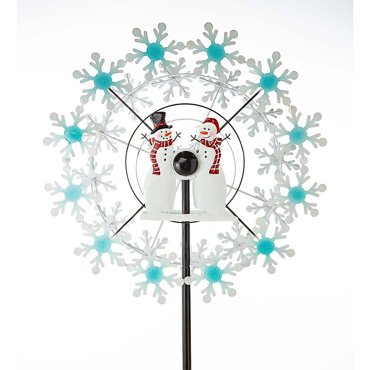 Plow & Hearth Christmas Holiday Winter Snowman and Snowflakes Metal Wind Spinner with Dual-Motion Rotors and Sectional Steel Pole with Ground Stakes in Powder-Coated Metal, 24" Dia. x 12" D x 75" H