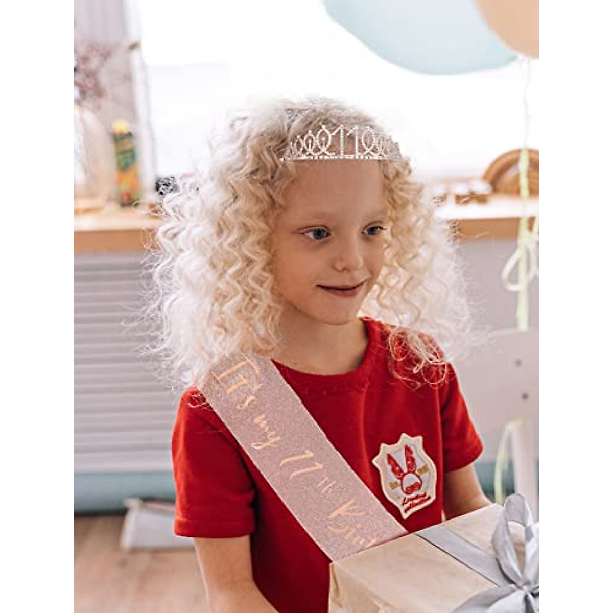 11th Birthday Decorations for Girls，Rose Gold 11 Birthday Crown Tiara ，Cake Topper, Birthday Sash with Peal Pin and Birthday Candles Kit,11th Birthday Gifts for Girls