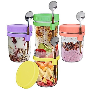 KETWOD Overnight oats containers jars with lids and spoons.The 16oz mason jars for overnight oats can store oats, fruits, vegetables, chia seeds, etc. four colors overnight oats jars.