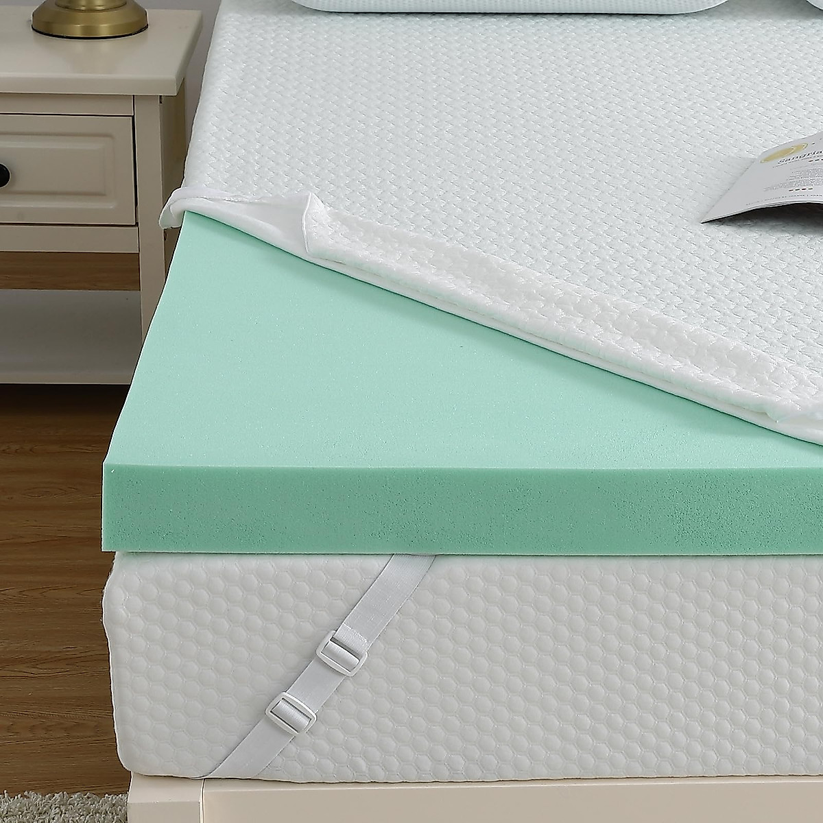 Aibudy Green Tea Memory Foam Mattress Topper, Cooling Gel Foam, 3 Inch Thk Mattress Pad Bed Topper with Zippered Bamboo Cover for Back Pain, Soft & Comfortable - Queen Size