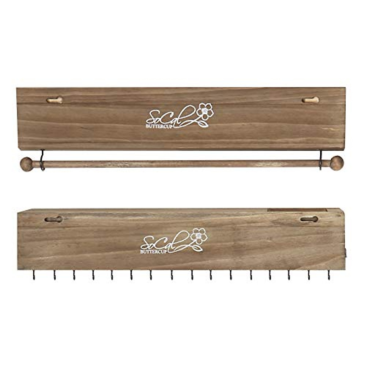 SoCal Buttercup Rustic Necklace and Jewelry Organizer - Hanging Wall Mount Display - Mounted Wooden Holder for Earrings, Necklaces, Bracelets, and Many Other Accessories (Two Piece, Rustic)