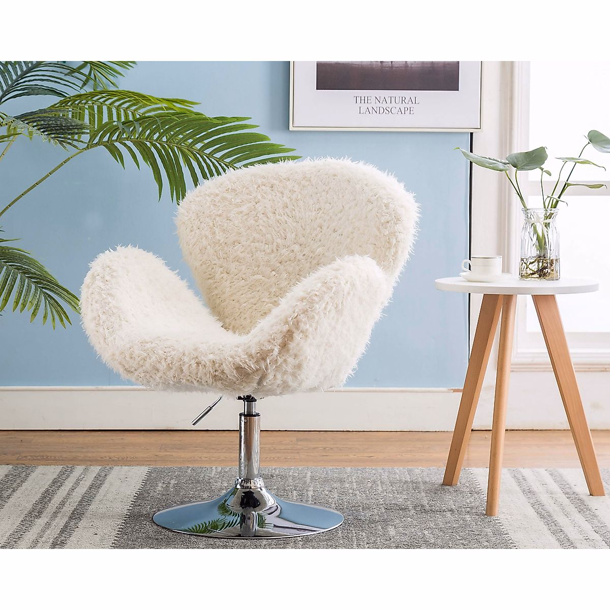 CIMOO White Makeup Vanity Chair, Swviel Furry Home Office Chair with Wheels Arms, Fluffy Accent Chair for GirlsTeens Bedroom Living Room, Cream Curly Fur