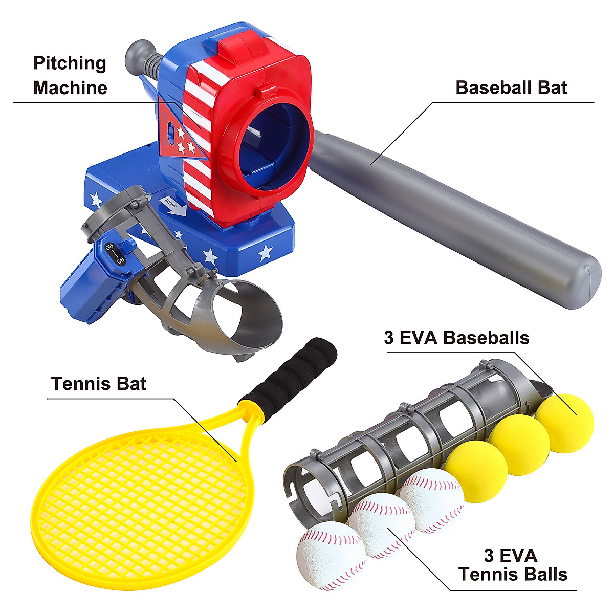 JOYIN 2 in 1 Automatic Pitcher Play Set, Toy Tennis and Baseball Pitching Machine, Tennis Baseball Training Toy Set for Kids Backyard Outdoor Pitcher Game, Patriotic American USA Flag Baseball Toy