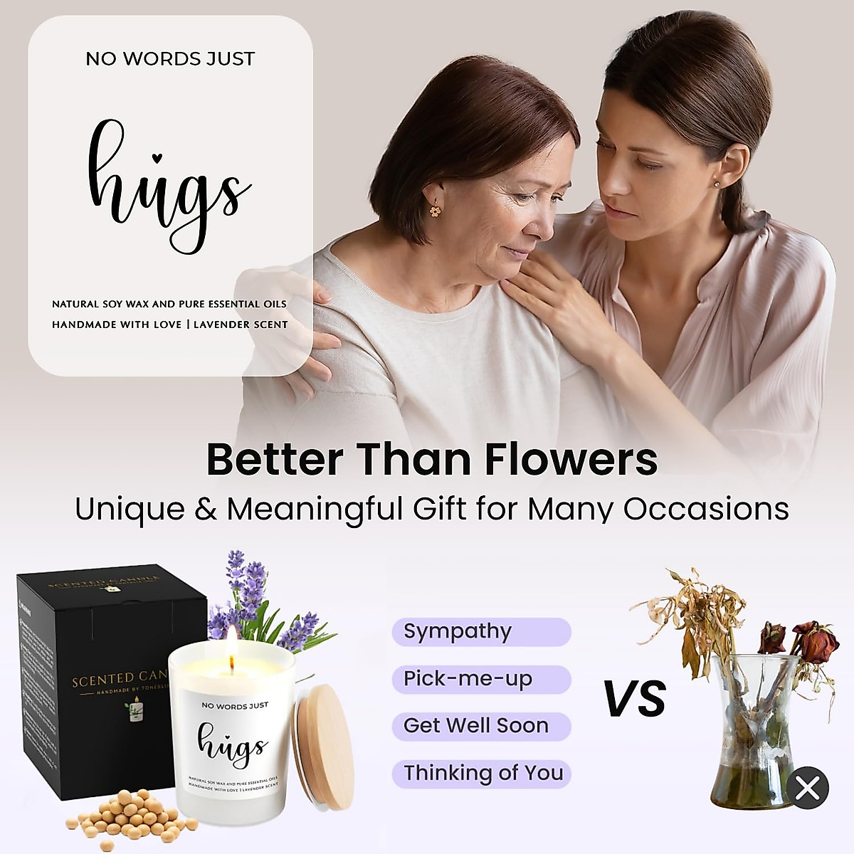 TONESLIX Sympathy Gifts for Loss of Loved One, Mom, Bereavement Gift Ideas, Thinking of You Gifts for Women, Condolences/Comfort/Get Well Soon Gift, Miscarriage, No Words Just Hugs Sympathy Candle