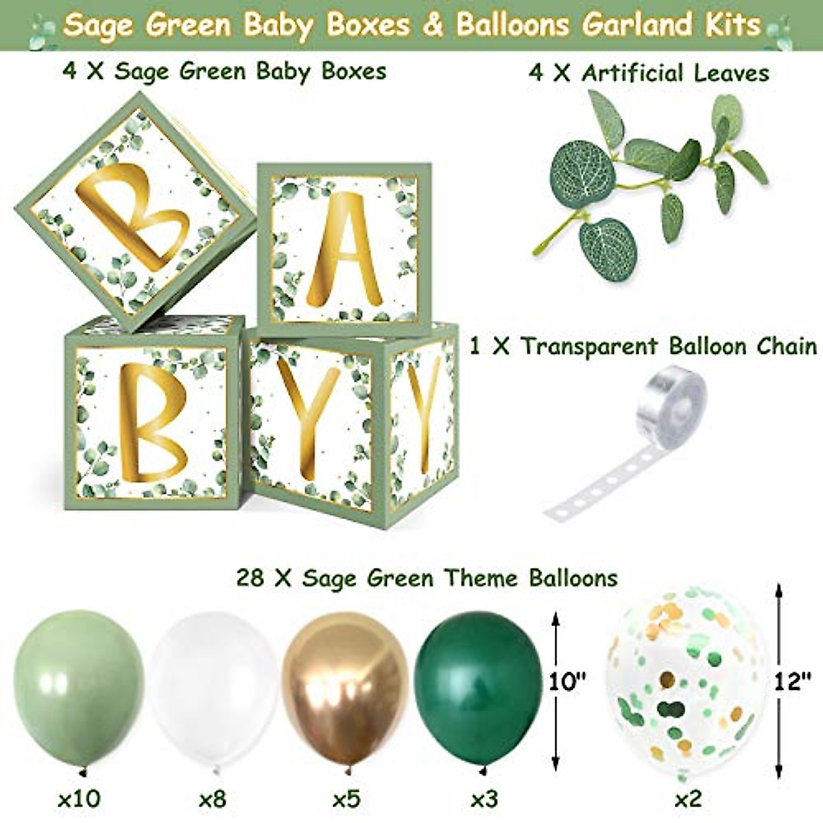 Levfla Sage Green Baby Balloons Boxes Decoration Baby Shower Backdrop Blocks Gender Reveal Photo Props Green Eucalyptus Gold White Boy Girl B-Day Favor Ideas