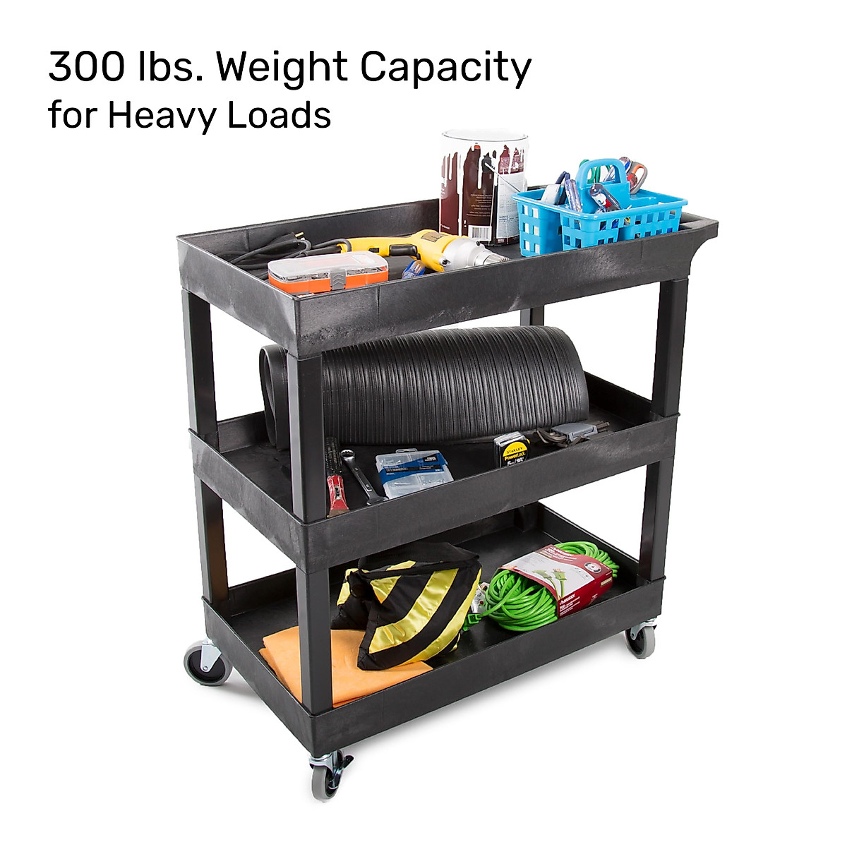 Stand Steady Tubstr 3 Shelf Utility Cart | Heavy Duty Service Cart Supports Up to 400 lbs | Tub Cart with Deep Shelves | Great for Warehouse, Garage, Cleaning, Office & More (32 x 18 / Black)