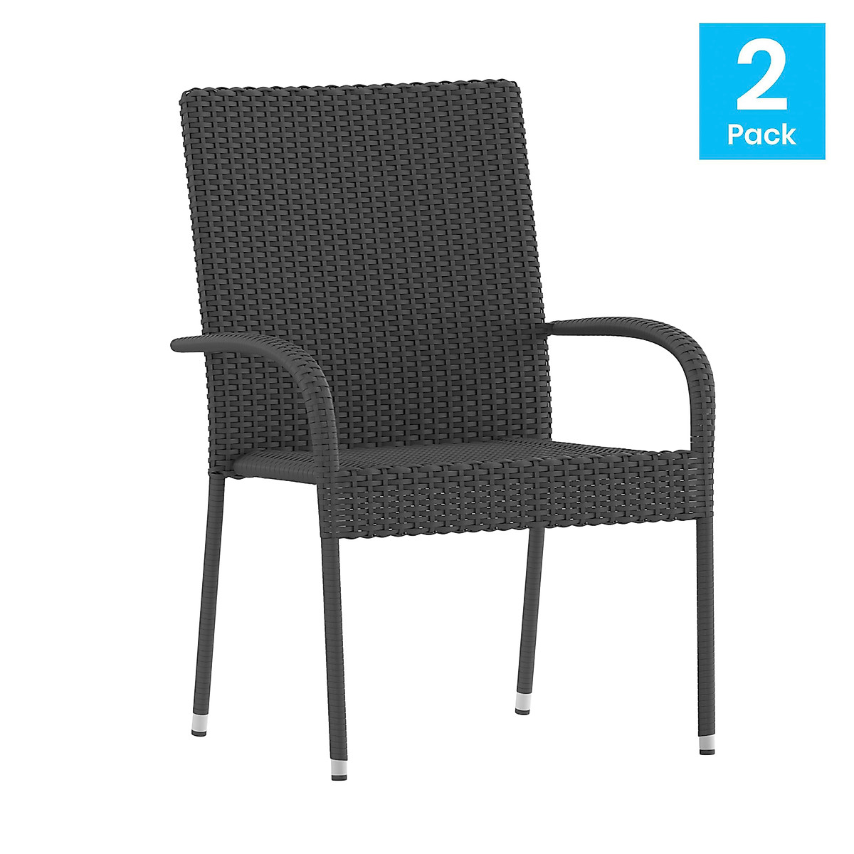 EMMA + OLIVER Sala Stacking All-Weather Patio Chair - Gray Woven Polyethylene Wicker - Powder Coated Steel Frame - for Indoor & Outdoor Use - Set of Four