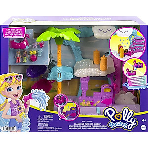 Polly Pocket Playset, Pollyville Flamingo Fun Car Wash with 2 Micro Dolls, Toy Car, Water Play & Color-Change Accessories