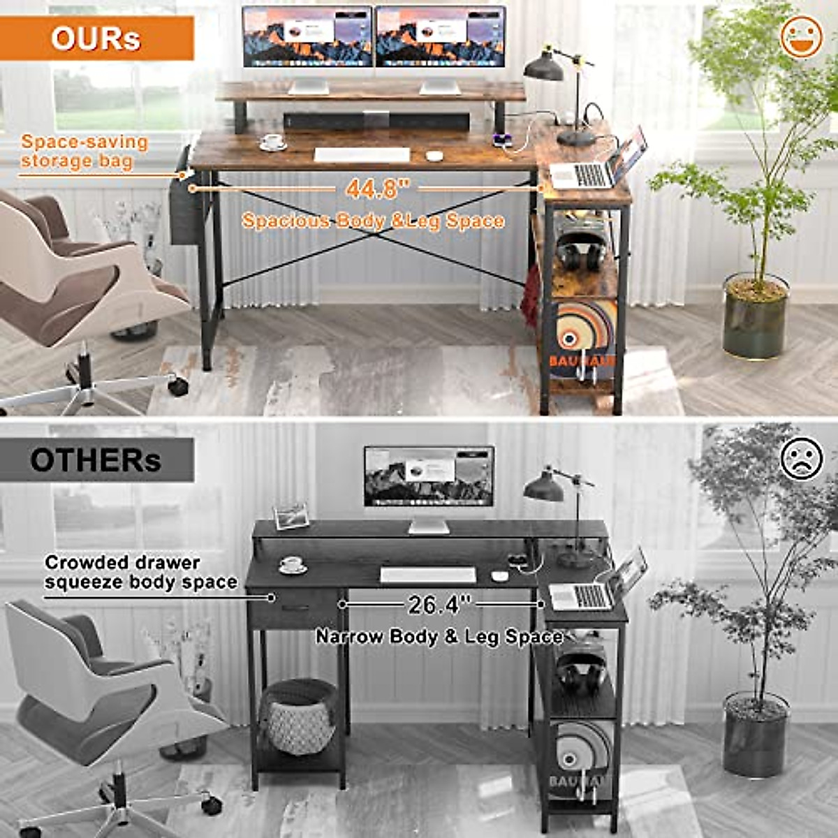 Homieasy L Shaped Computer Desk with LED Strip & Power Strip, 55 Inch Corner Desk with Monitor Stand Reversible Storage Shelves, Modern Simple Home Office Gaming Desk with Storage Bag(Rustic Brown)
