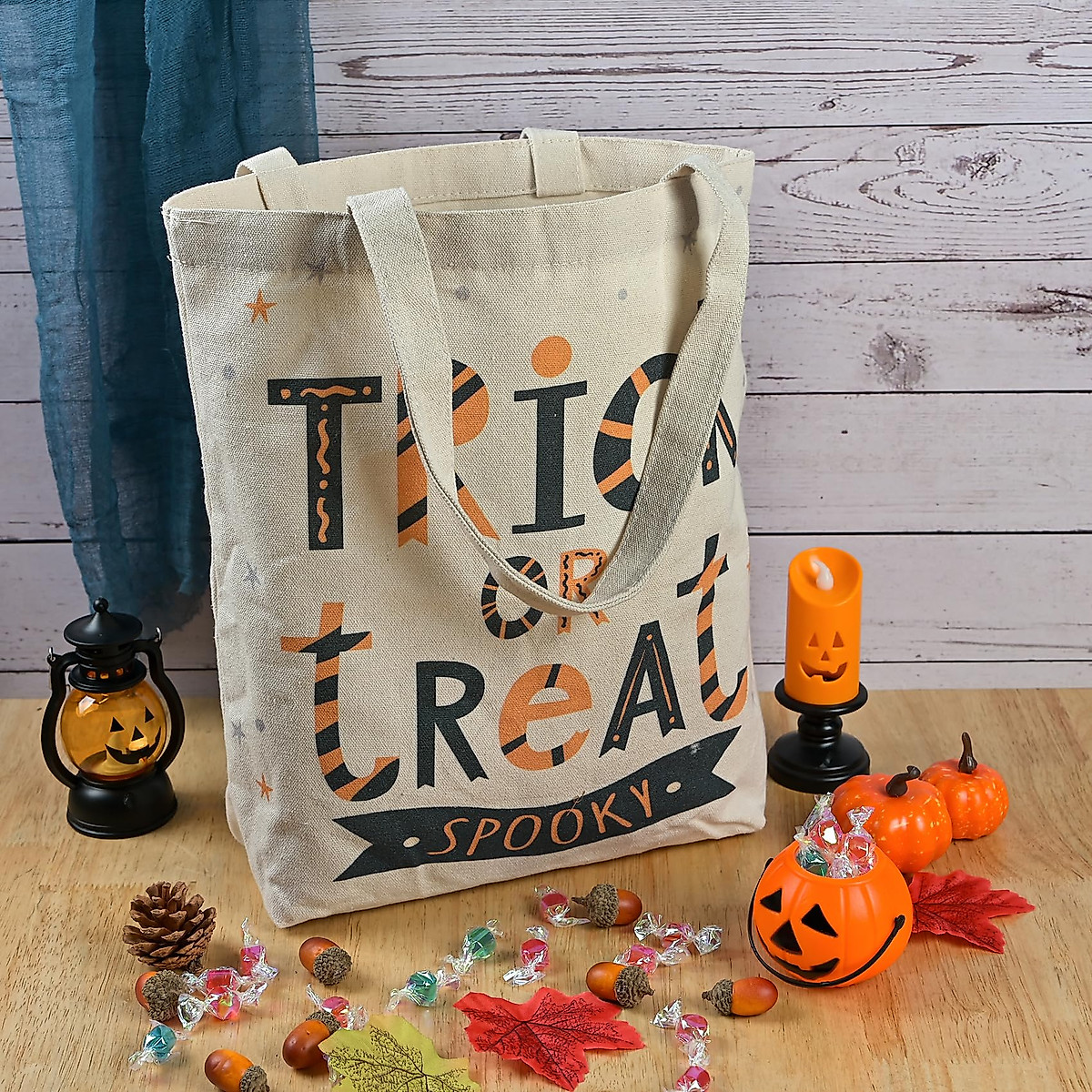 ATFUNSHOP 13.8" Large Halloween Tote Bag Trick or Treat Canvas Reusable Large Bucket for Kids