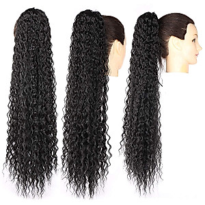 30inch Long Corn Curly Wave Drawstring Ponytail Synthetic High Puff Hair Pieces With Comb Black Wavy Clip in Extensions (1B)