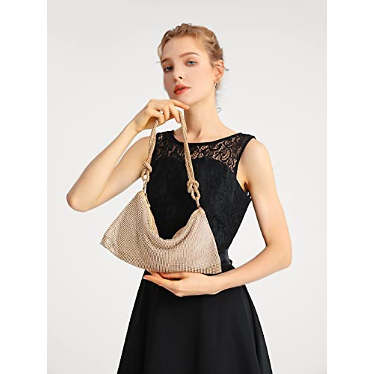 YUWITA Rhinestone Evening Handbag Purse Small Hobo Shoulder Bag for Women (Gold)