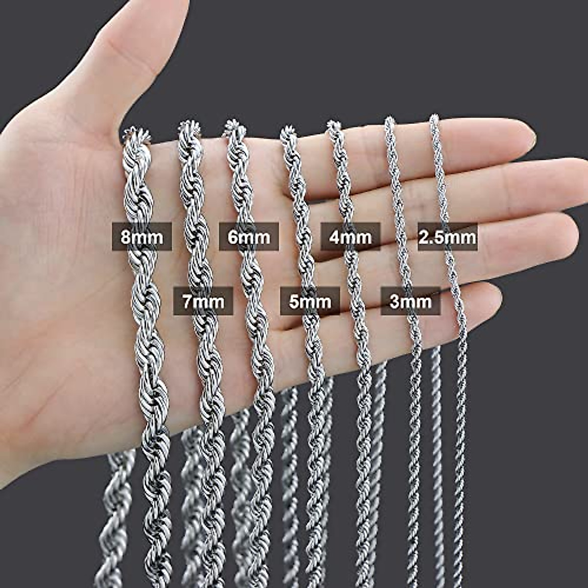 Giftall 2MM Rope Chain Necklace Stainless Steel Twist Rope Chain Necklace for Men Women 18 Inches