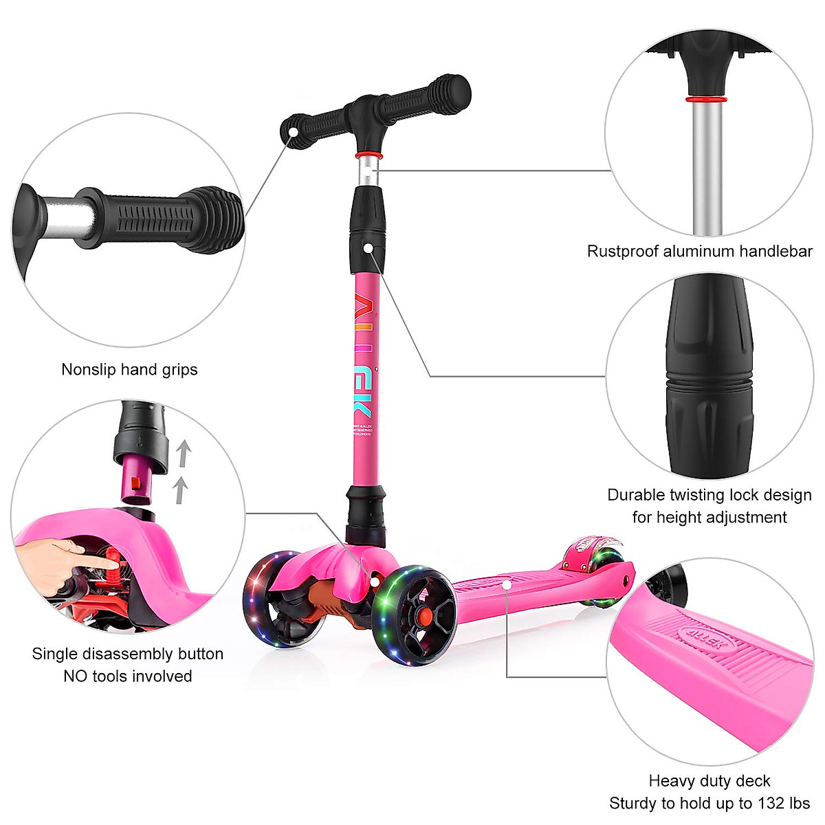 Allek Kick Scooter B02, Lean 'N Glide Scooter with Extra Wide PU Light-Up Wheels and 4 Adjustable Heights for Children from 3-12yrs (Rose Pink)