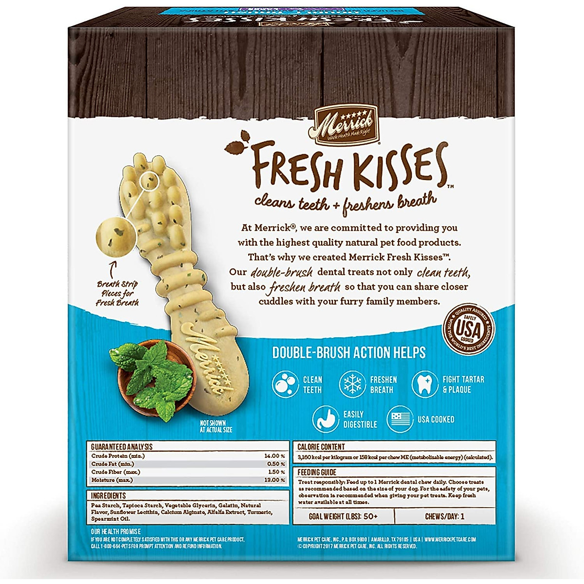 Aurora Pet Bundle Pack (2) Merrick Fresh Kisses Double-Brush Mint Breath Strip Infused Large Dental Dog Treats with AuroraPet Wipes