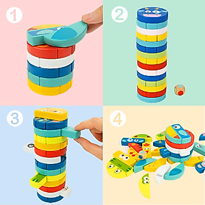 TOOKYLAND Wooden Tumble Tower Game - 61pcs - Stacking Blocks, Animal Cards and Die. Ages 3+