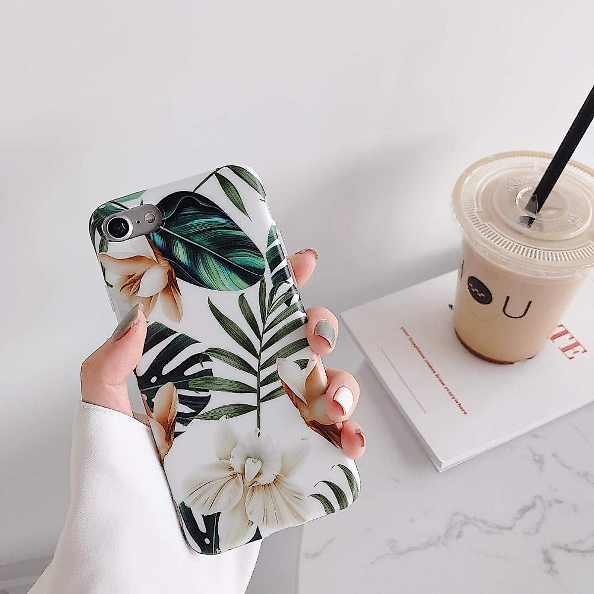ooooops for iPhone SE2022 Case, SE2020 Case, 8 Case,7 Case for Women Girls,Green Leaves with White Floral Pattern Design, Slim Fit Clear Soft Full-Body Protective Phone Cover (Leaves & Flowers)