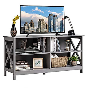 Tangkula TV Stand for TVs up to 55 Inches, 47" Farmhouse Entertainment Center with 4 Open Shelves & Built-in Cable Holes, TV Console Table with X-Shaped Frame for Living Room (Grey)