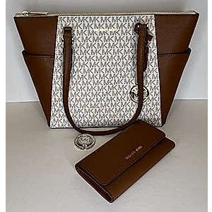 Michael Kors Charlotte Large Zip Tote bundled with matching Trifold Wallet and Purse Hook (Vanilla MK/Luggage)
