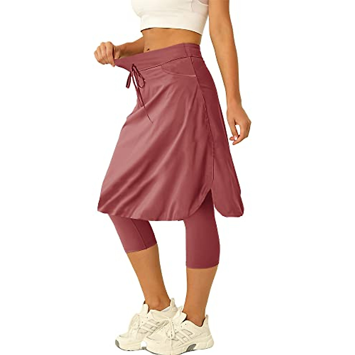 Women 20" Knee Length Tennis Skirt with Built in Legging Golf Skirts Skirted Legging with Pockets Wine Red