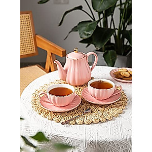 Amazingware Royal Tea Cups and Saucers, with Gold Trim and Gift Box, British Coffee Cups, Porcelain Tea Set, Set of 6 (8 oz)- Pink