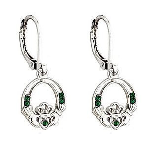 Biddy Murphy, Traditional Irish Claddagh Women's Earrings, Emerald Green Crystal Rhodium Plated Drops, Classic Silver Celtic Jewelry Made in Ireland by Artisan Jewelers