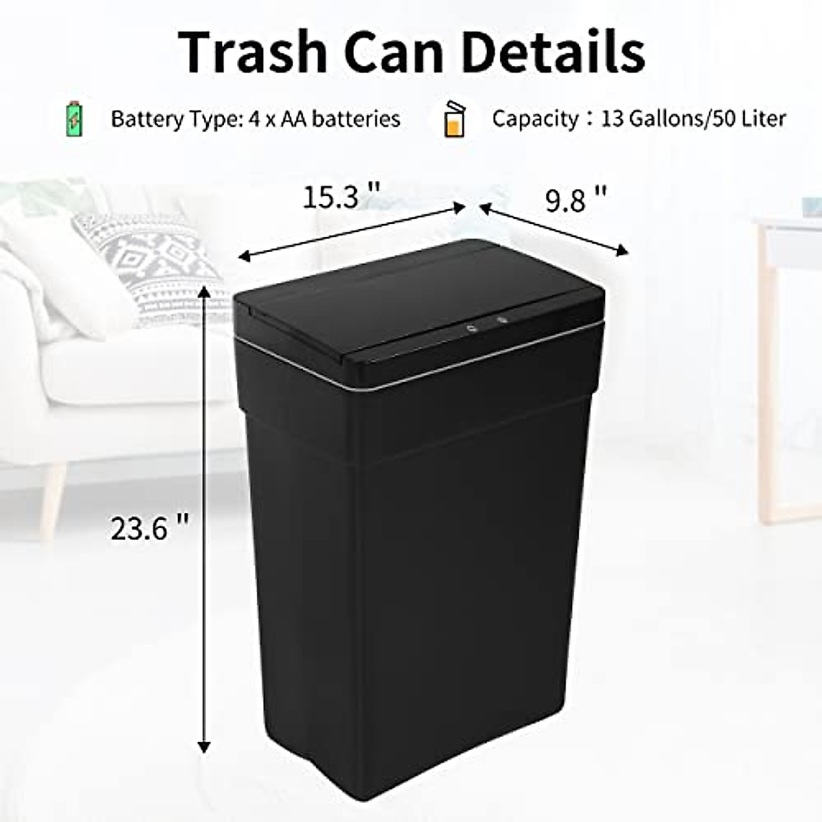 BLKMTY Trash Can 13 Gallon Trash Cans 50 Liter Kitchen Trash Can with Lid Plastic Garbage Can Automatic Garbage Bin Touchless Trash Bin for Office Bathroom Rubbish Can Auto Waste Bin, Black