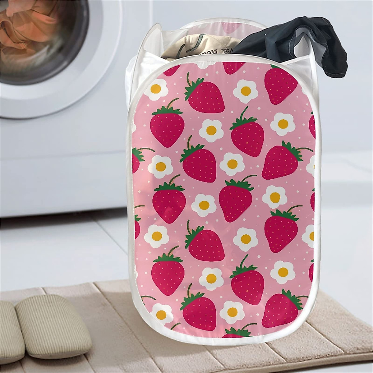 Coldinair Strawberry Floral Pink Mesh Pop Up Laundry Hamper,Foldable Collapsible Laundry Dirty Clothes Basket for Home,Dorm,Apartment or Travel