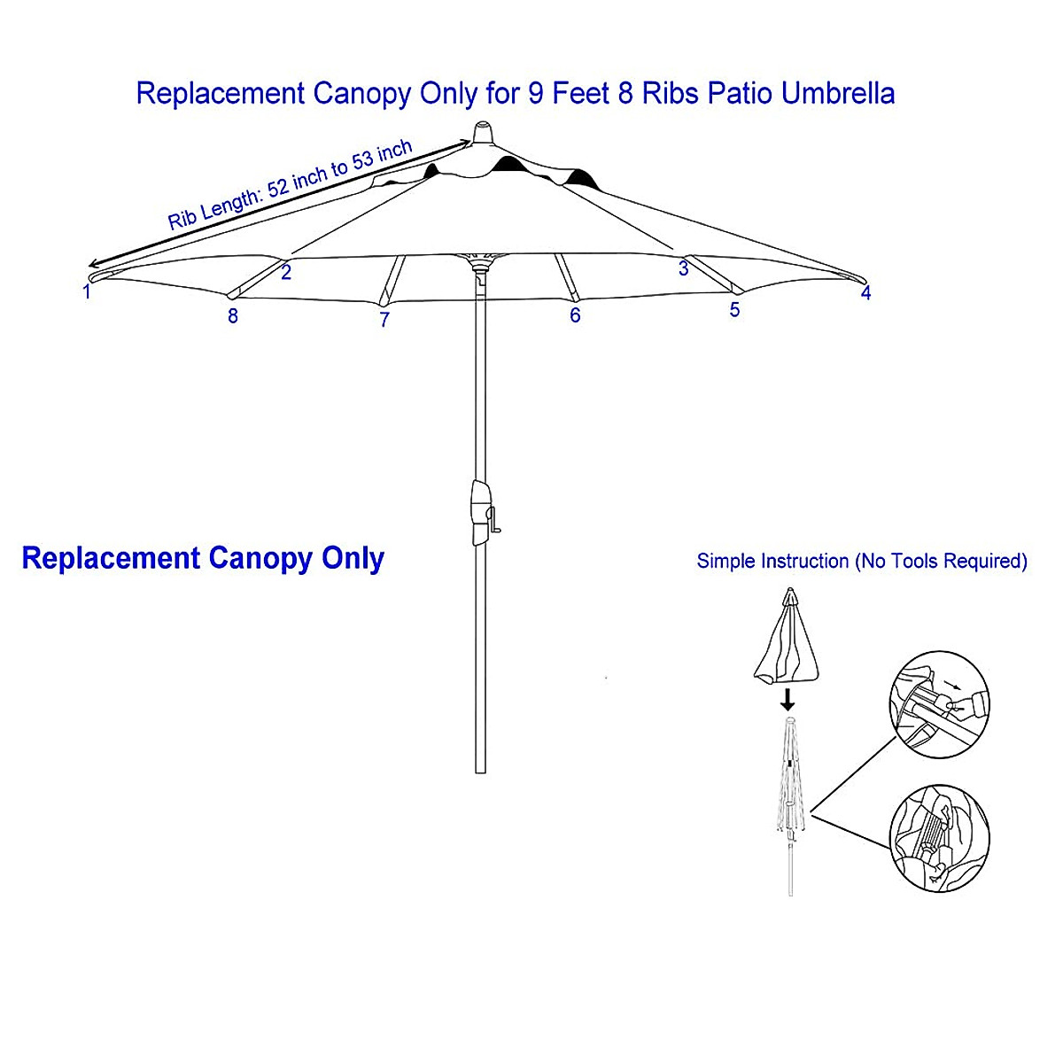 Bayside21 Patio Umbrella Replacement Canopy for 9ft 8 Ribs Outdoor Patio Fabric Replacement Umbrella Canopy Sun 9 ft Umbrella Blue