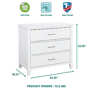 Dream on Me Universal 3 Drawers Chest | Kids Bedroom Dresser | Three Drawers Dresser Mid Century Modern, White