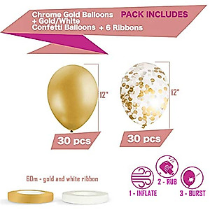 60 Pack Gold Balloons + Gold Confetti Balloons w/Ribbon | Balloons Gold | Gold Balloon | Gold Latex Balloons | Golden Balloons | Party Balloons 12 inch | Clear Balloons with Gold Confetti |