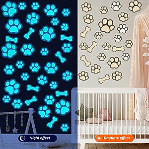 127 Pcs Dog Paw Print Stickers Glow in The Dark Wall Decals Dog Paw Print Wall Decor Dog Wall Stickers Decals Luminous Removable Vinyl Dog Paw Bone Wall Decals for Kids Nursery Bedroom (Blue Light)