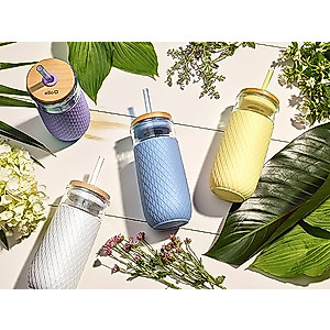 Ello Devon 18oz Glass Tumbler with Straw, Friction Fit Bamboo Wood Lid and Silicone Sleeve | Perfect for Iced Coffee, Tea, and Smoothies | White