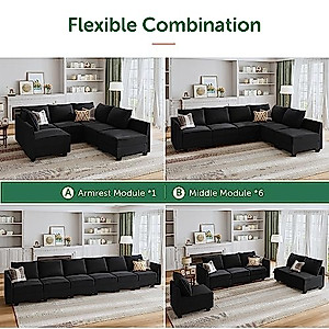 HONBAY Convertible Sectional Sofa Velvet U Shaped Couch with Reversible Chaise Modular Sectional Couch 6 Seater Sofa with Storage Seat, Black