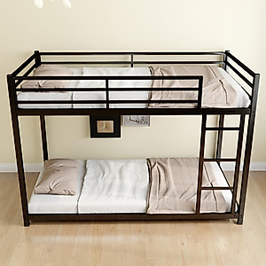QSOSTNS Twin Over Twin Bunk Bed, Metal Low Profile Bunkbed with Side Ladder, Heavy-Duty Sturdy Metal, Noise Reduced, Safety Guardrail, No Box Spring Needed (Black)