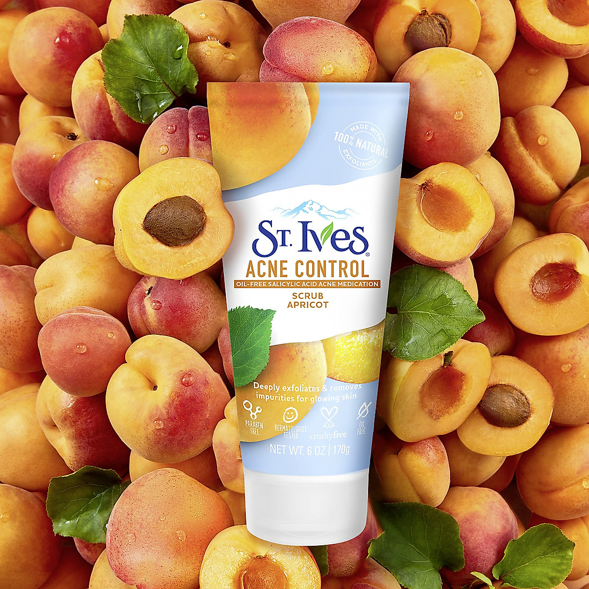 St. Ives Acne Control Face Scrub Deeply Exfoliates and Prevents Acne for Smooth, Glowing Skin Apricot Made with Oil-Free Salicylic Acid Acne Medication, Made with 100% Natural Exfoliants 6 oz 4 Count