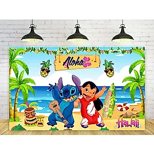 Summer Aloha Backdrop Birthday Party Supplies 5x3ft Tropical Beach Tawaii Photo Backgrounds Lilo and Stitch Theme Baby Shower Banner for Birthday Cake Table Decoration