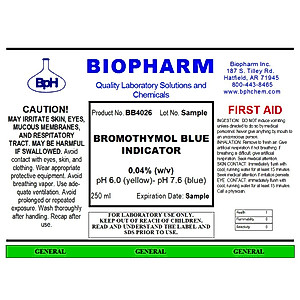 Bromothymol Blue Indicator 0.04% (w/v) — 250 mL (8.4 fl oz) — Includes an Empty 50 mL Dropper Bottle and Dispensing Cap — pH 6.0 (Yellow) - pH 7.6 (Blue)