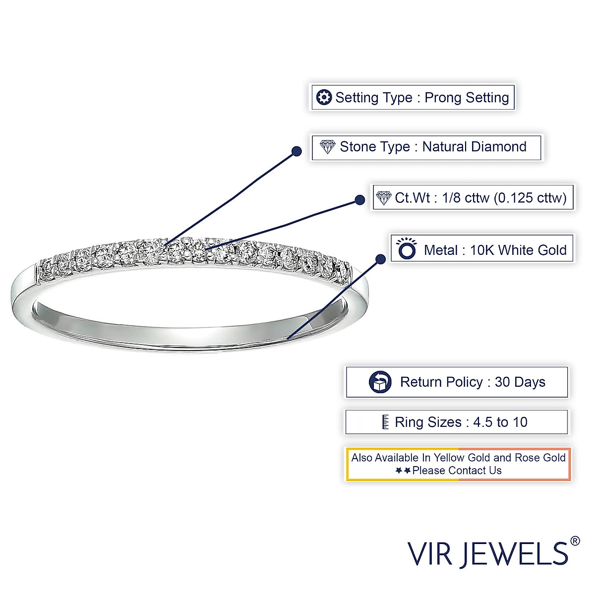 Vir Jewels 1/8 cttw Diamond Wedding Anniversary Band for Women, Round Diamond Engagement Ring 10K White Gold Prong Set 0.125 cttw, Size 5