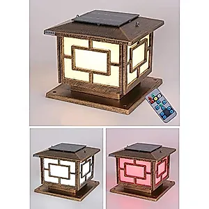 Led Solar Three-Color Dimming Outdoor Column Lamps Industrial Square Glass Post Lights Street Home Door Garden Lighting Pillar Lights(Color:Brass,Size:L)