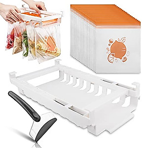 Refrigerator Organizer Bins, Refrigerator Freezer Bag Storage Rail Rack with 20 Pack Reusable Sealed Bags and Deicing Shovel, Fridge Drawer Storage Organizer for Fruits Vegetable Food Fresh-keeping