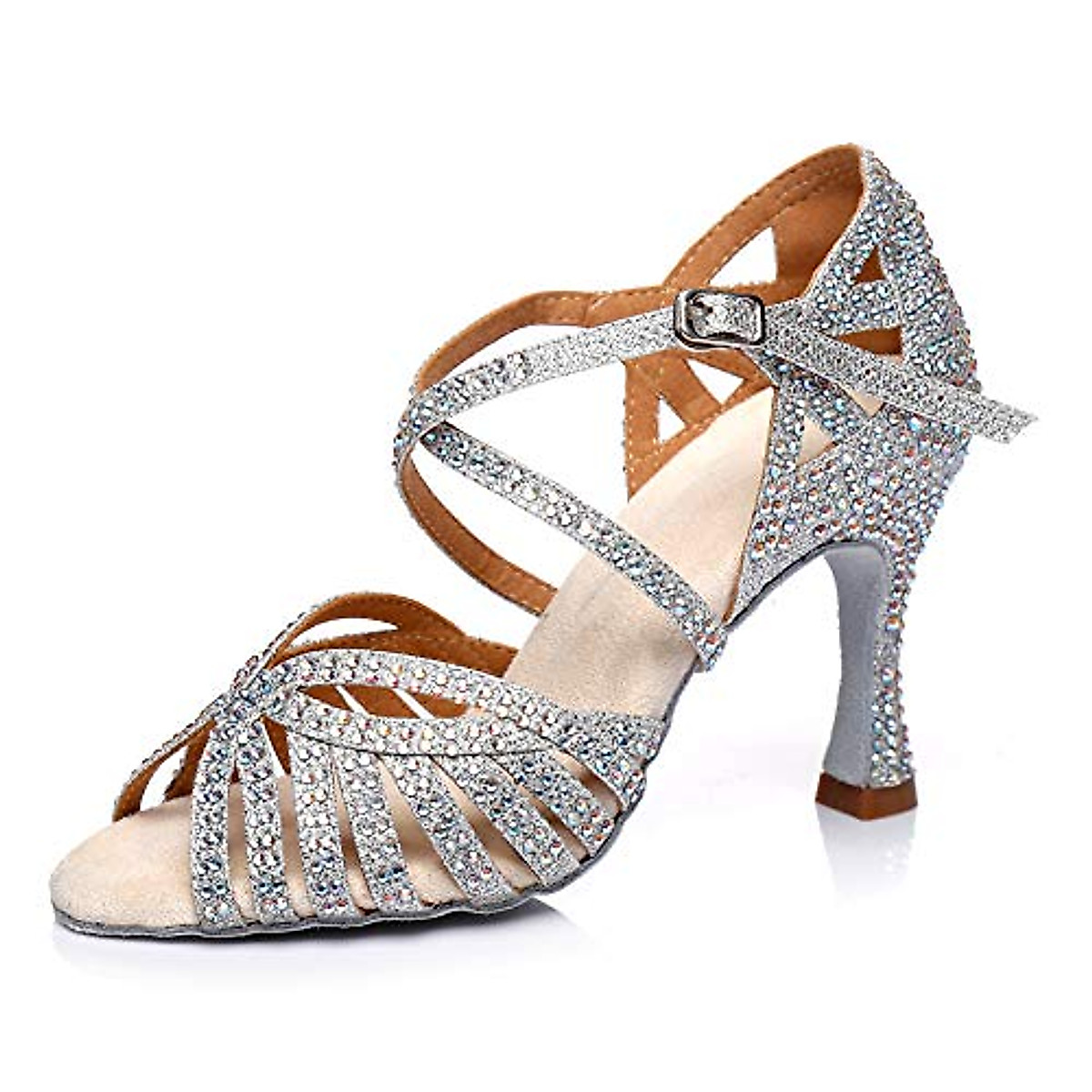 RUYBOZRY Women Latin Dance Shoes Glitter Rhinestone Salsa Ballroom Performence Dancing Shoes, L380-Silver-6,US8.5
