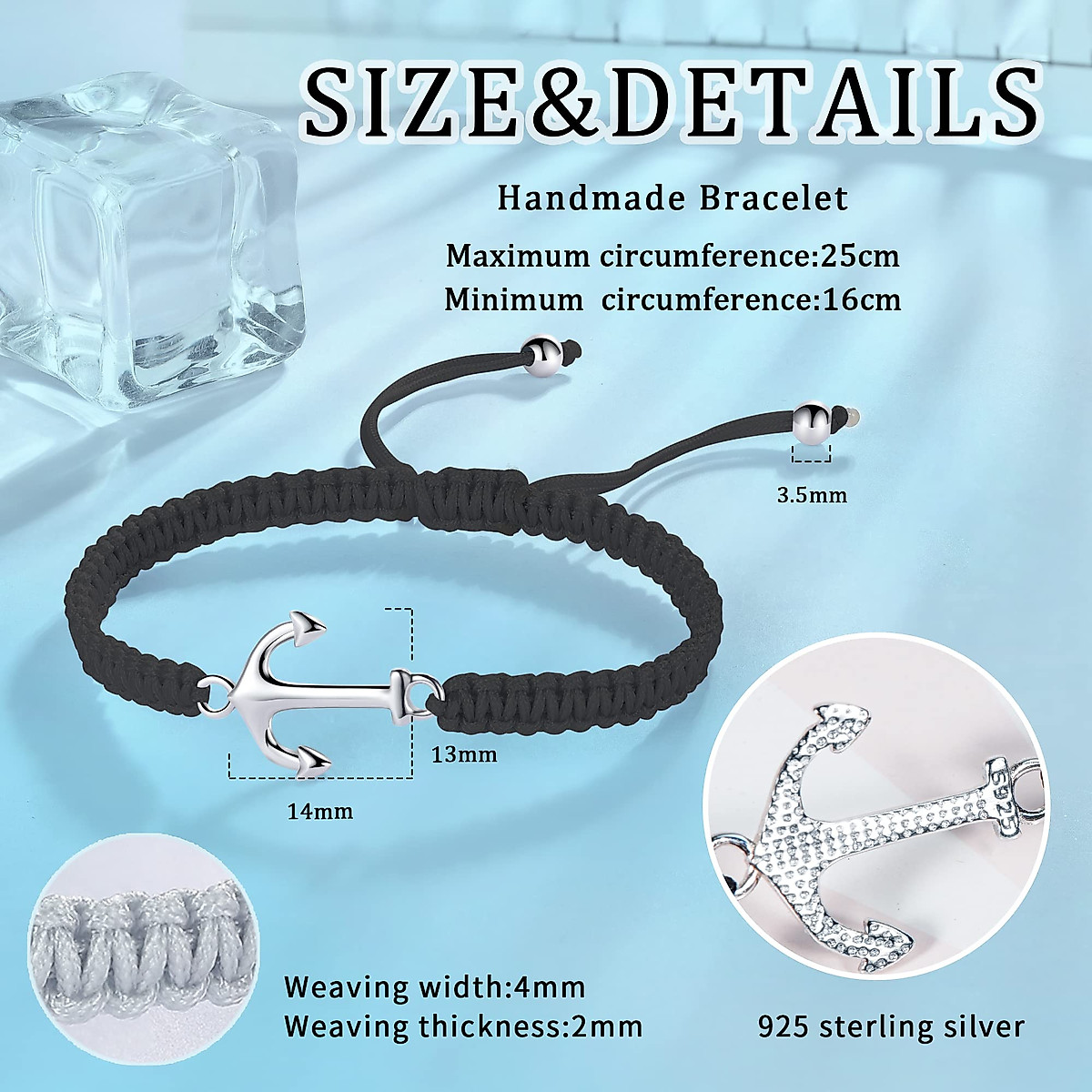 J.Endéar Anchor String Rope Bracelet for Women Men, Filigree Handmade Braided Bracelet Adjustable, Dainty Sterling Silver 925 Anchor Jewelry Sailor Gift for Unisex, Black