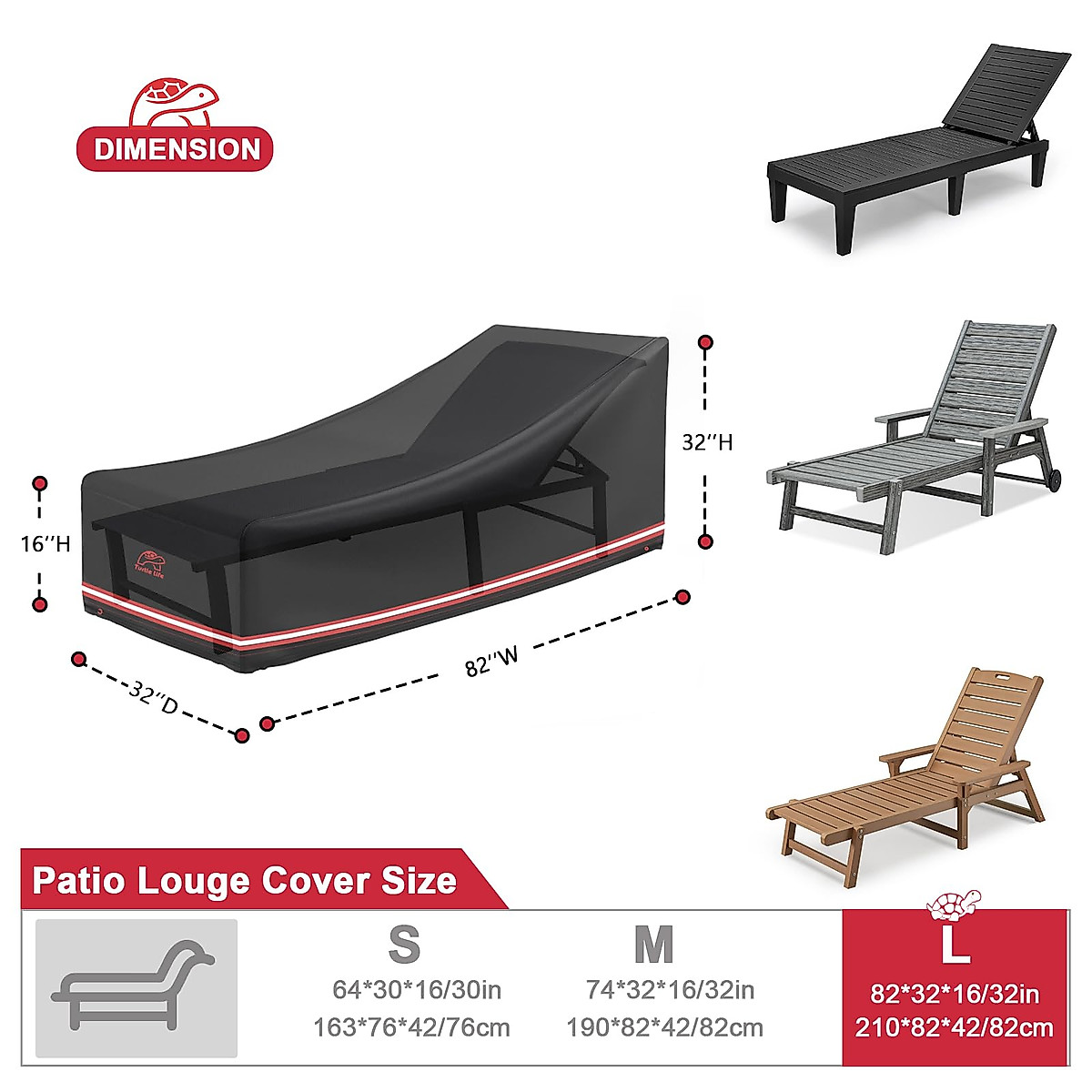 Turtle Life Patio Lounge Chair Cover Waterproof Heavy Duty Outdoor Chaise Lounge Covers with Upgrade Air Vent, 1 Pack - 82L x 32W x 32H inch, Black
