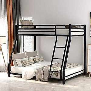 Low Bunk Beds Twin Over Full Size with Sloping Stair, Heavy Duty Bed Frame with Safety Guard Rails for Kids Teens Adults, No Box Spring Needed (Black)