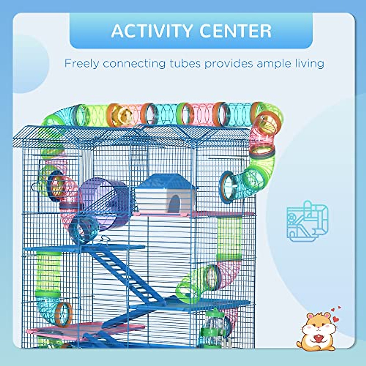 PawHut 18.5" 5 Tier Hamster Cage with Tubes and Tunnels, Small Animal Cage, Rat Gerbil Cage with Water Bottle, Food Dish, Exercise Wheel, Blue