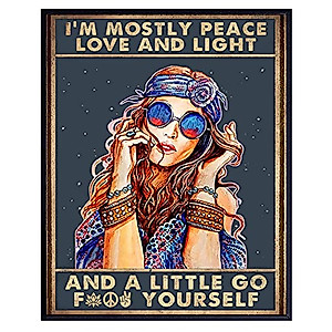 I'm Mostly Peace Love and Light Wall Art - Bohemian Boho Wall Decor - Inspirational Hippy Trippy Hippie Room Decor - Spiritual Motivational Poster - Funny Sayings Quotes - New Age Gifts for Women