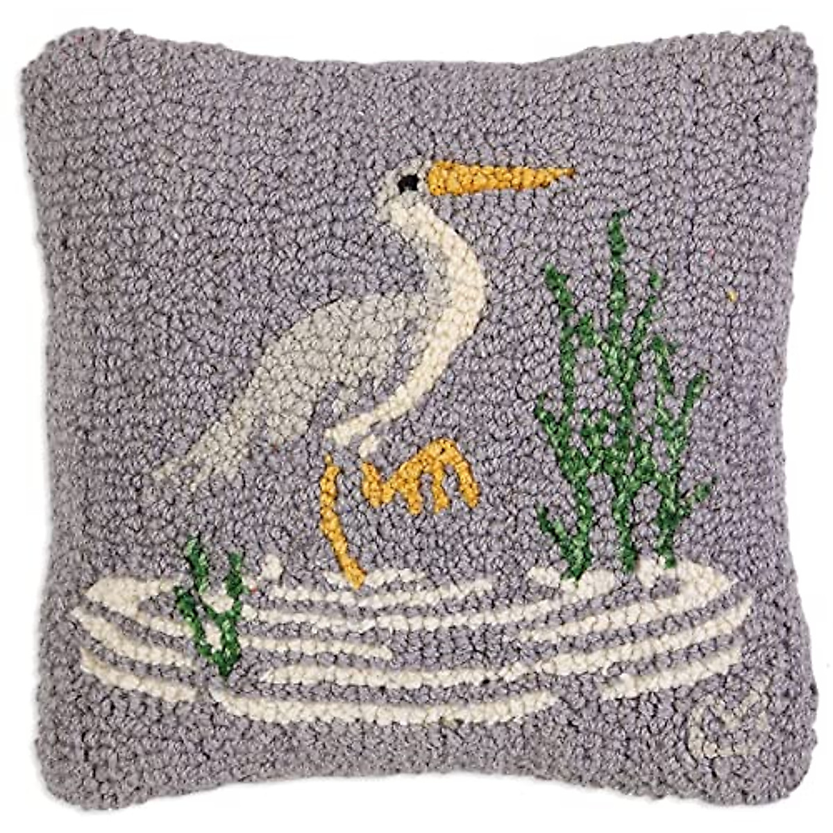 Chandler 4 Corners Artist-Designed Egret Hand-Hooked Wool Decorative Throw Pillow (14” x 14”) Wildlife Pillow for Couches & Beds - Easy Care & Low Maintenance - Nature, Wilderness, Bird Home Decor